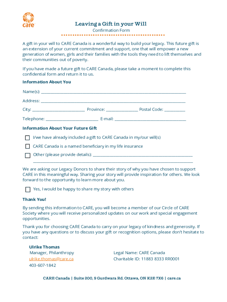 Fillable Online Leaving a Bequest in your Will Confirmation Form Fax ...