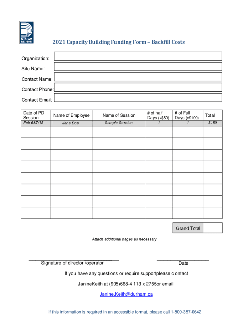 Fillable Online 2021 Funding Form Backfill Costs (Capacity Building ...