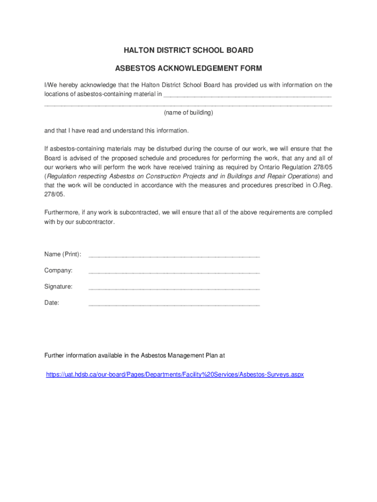 Fillable Online HALTON DISTRICT SCHOOL BOARD ASBESTOS ACKNOWLEDGEMENT FORM Fax Email Print ...