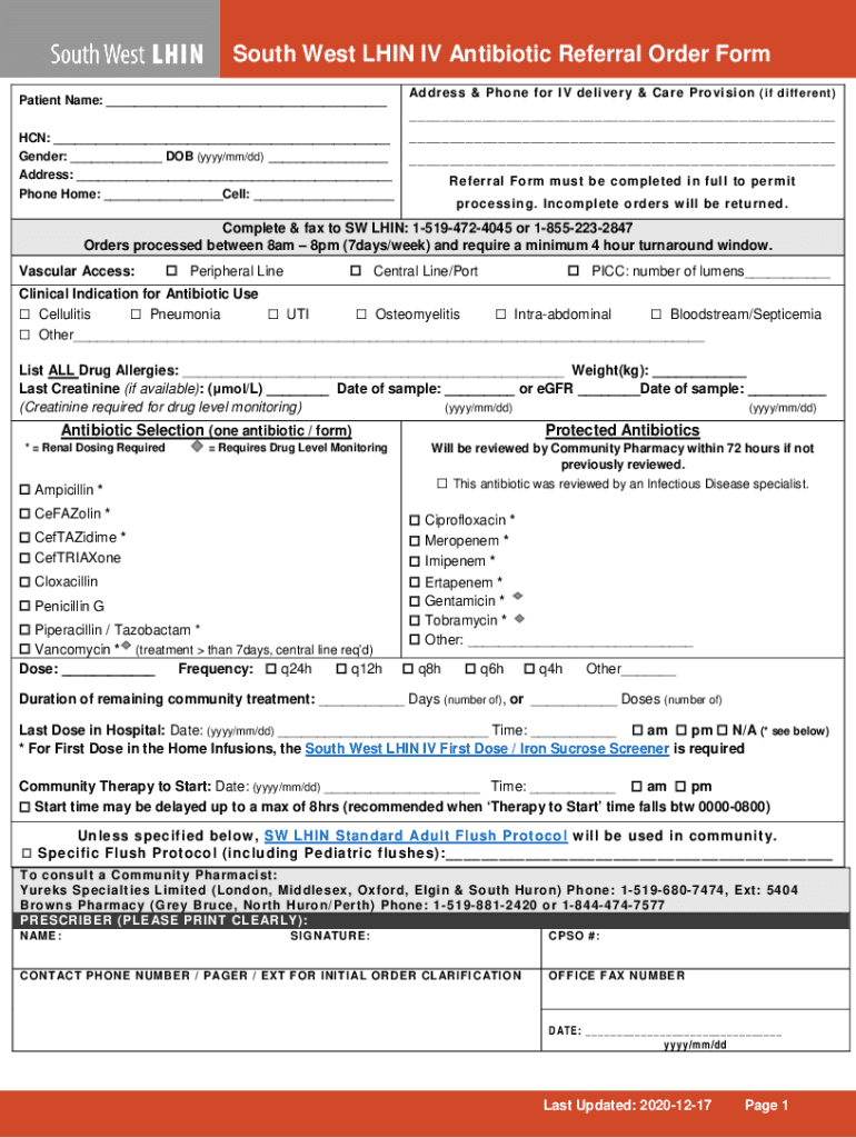 Fillable Online Fillable Online South West LHIN IV Antibiotic Referral Order Form ... Fax Email ...