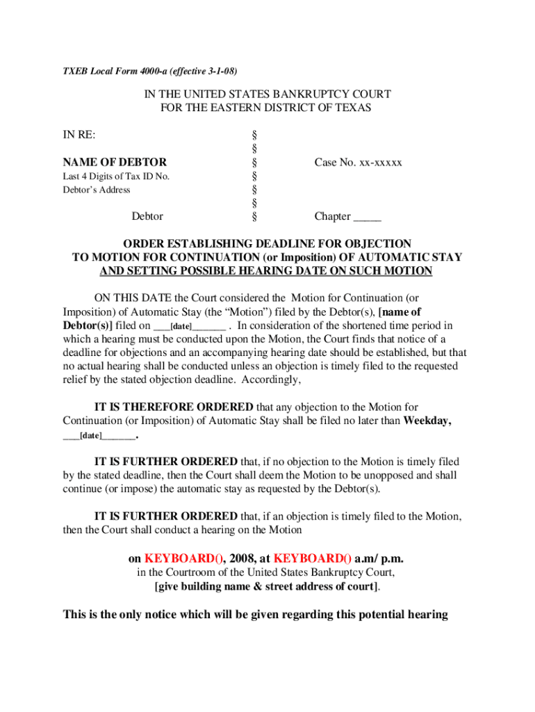 Fillable Online Order Establishing Deadline For Objection To Motion For ...