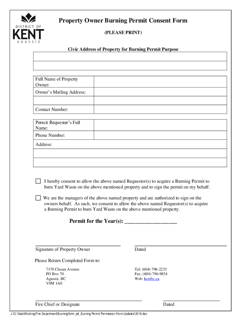 Fillable Online Property Owner Burning Permit Consent Form Fax Email ...