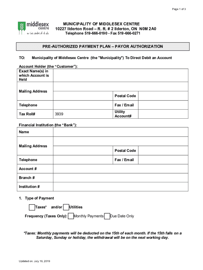 Fillable Online middlesexcentre on PRE-AUTHORIZED PAYMENT PLAN PAYOR AUTHORIZATION Fax Email ...