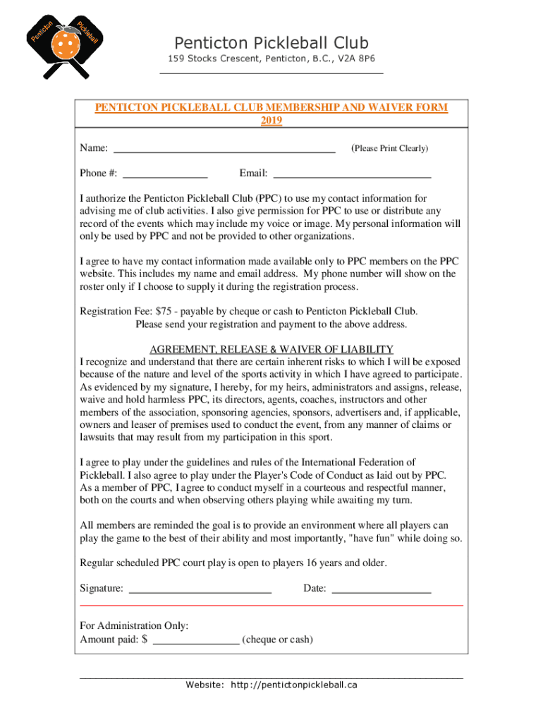Fillable Online Pickleball Membership and Waiver Form Fax Email Print ...