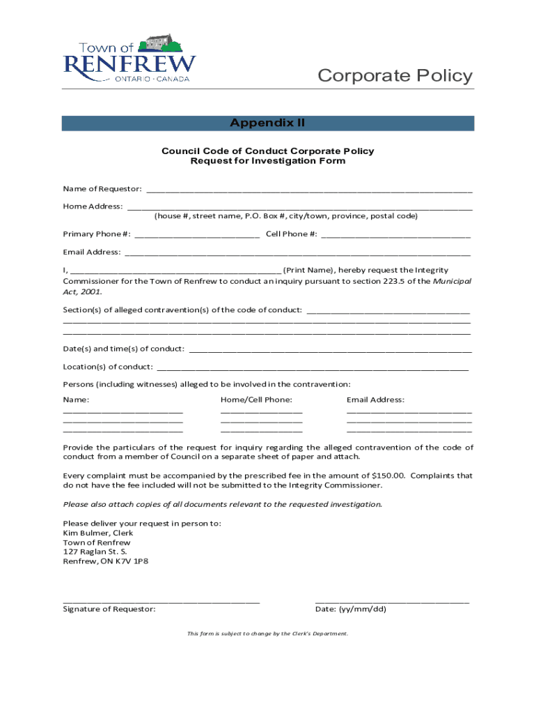 Fillable Online Code of Conduct - Investigation Form Fax Email Print ...