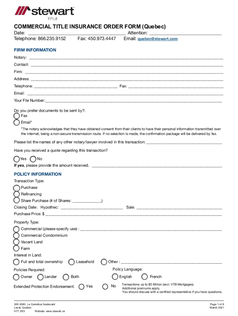 Fillable Online Existing Owner Title Insurance Order Form (Quebec) Fax ...