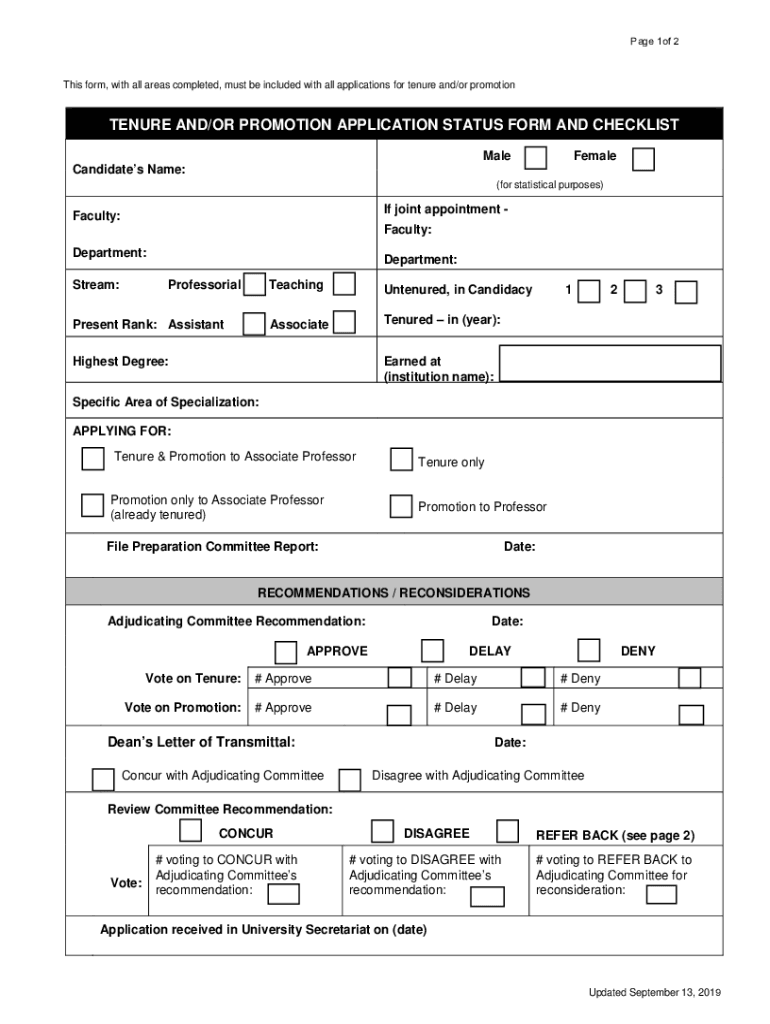 Fillable Online secretariat info yorku TENURE AND / OR PROMOTION ...