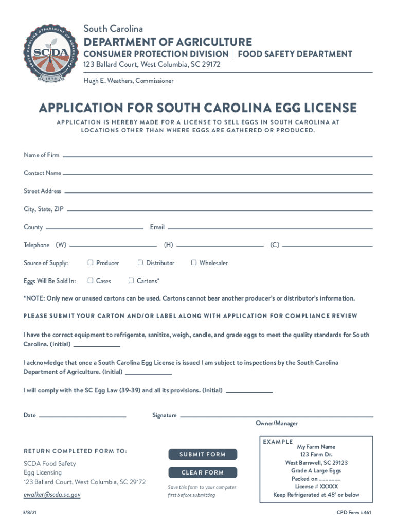Fillable Online agriculture sc SOUTH CAROLINA DEPARTMENT OF AGRICULTURE ...