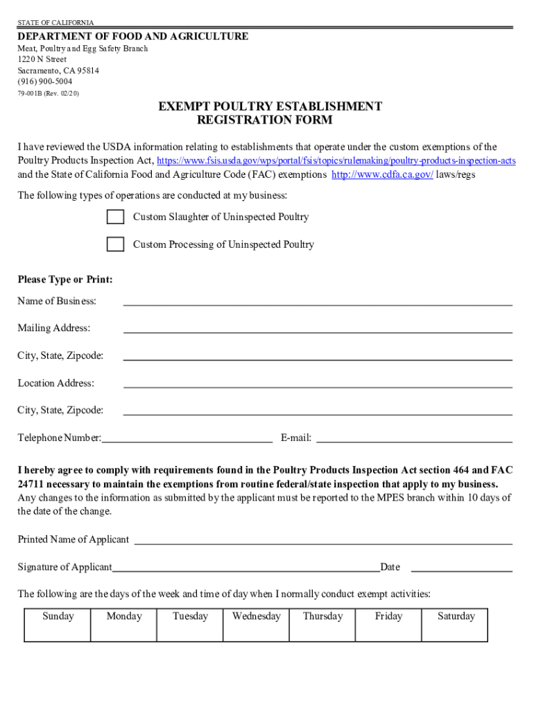 Fillable Online USDA Exempt Poultry Establishment Registration Form Fax ...