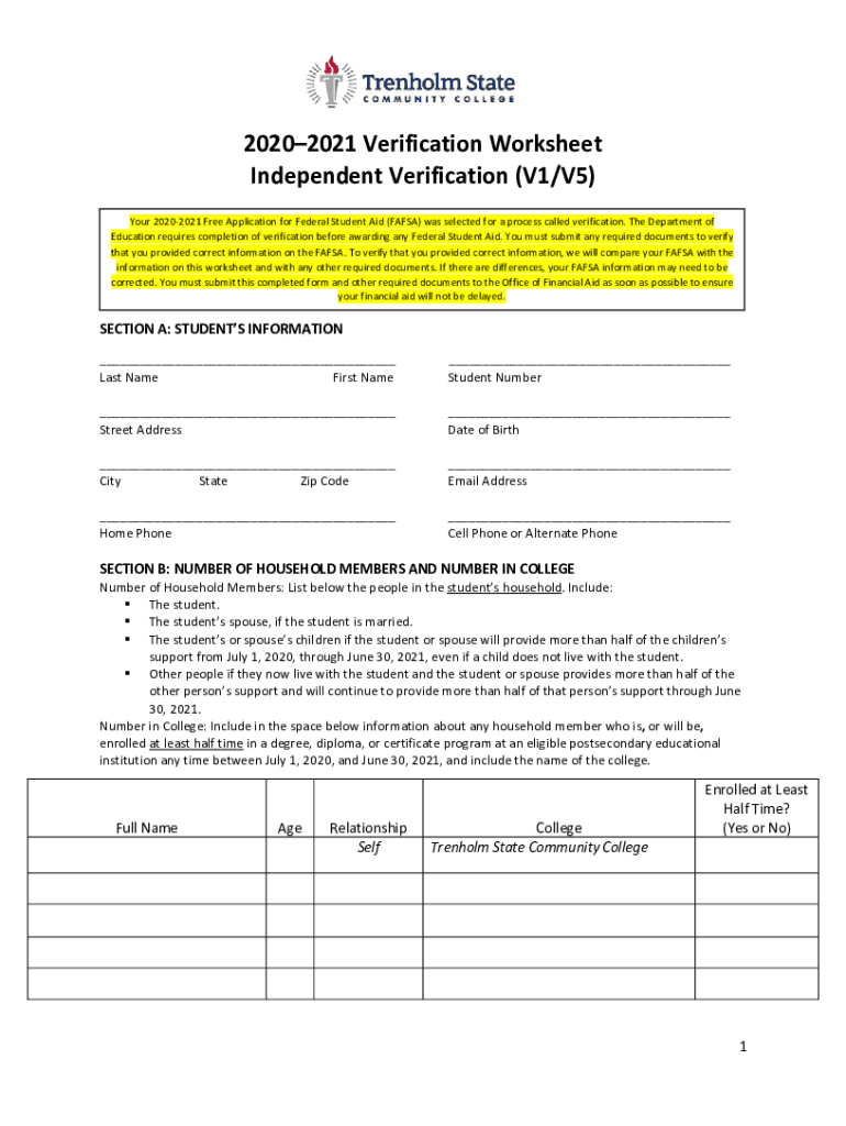 Fillable Online 2020 2021 Independent Verification Worksheet (V1, V5) Fax Email Print - pdfFiller