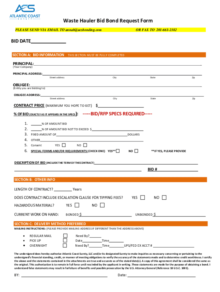 Fillable Online Performance Bond Request.xlsx - Atlantic Coast Surety Fax Email Print - pdfFiller
