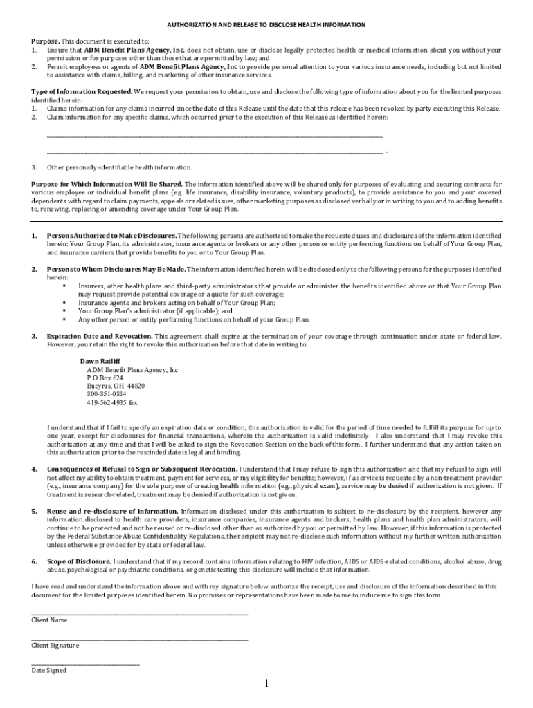 Fillable Online AUTHORIZATION AND RELEASE TO DISCLOSE HEALTH ...