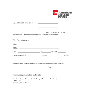 Fillable Online My AEP account number(s) is: Third Party Information ...