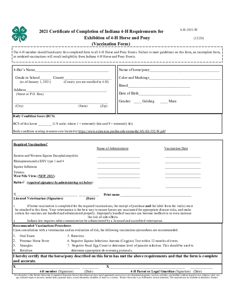 Fillable Online Certificate of Completion of Indiana 4-H Program ...