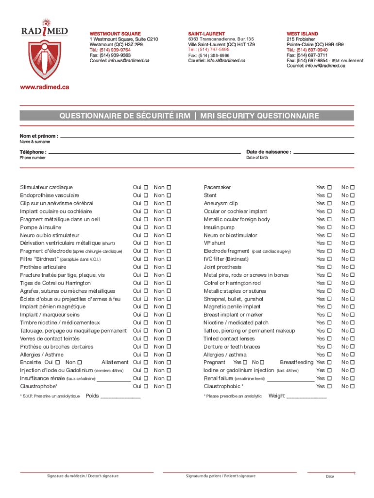 Fillable Online Fillable Online QUESTIONNAIRE DE SCURIT IRM MRI SECURITY ... Fax Email Print ...