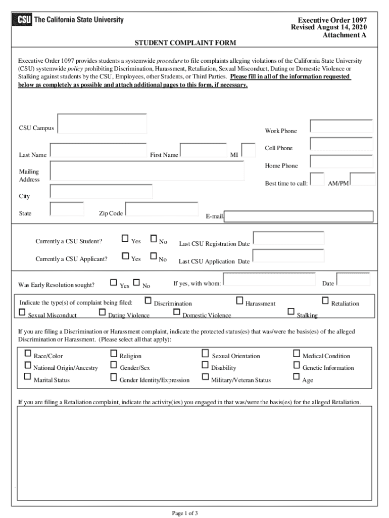 Fillable Online Fill - Free fillable EO 1097 Complaint Form PDF form ...