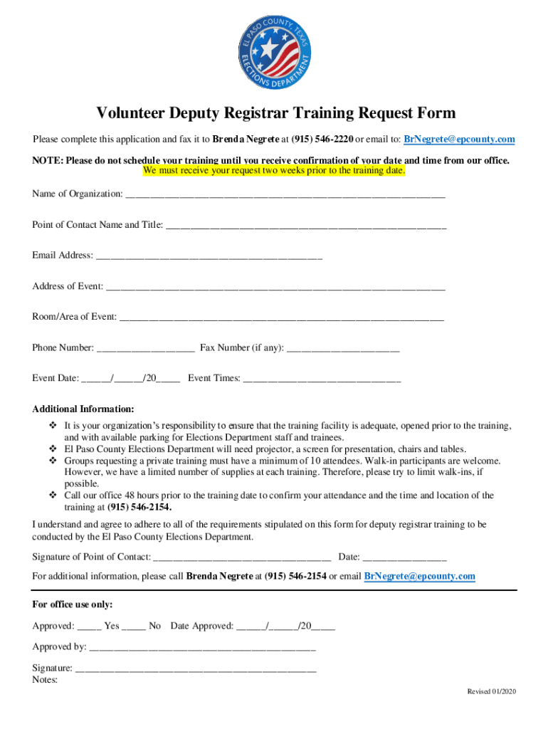 Fillable Online Volunteer Deputy Registrar Training Request Form Fax ...