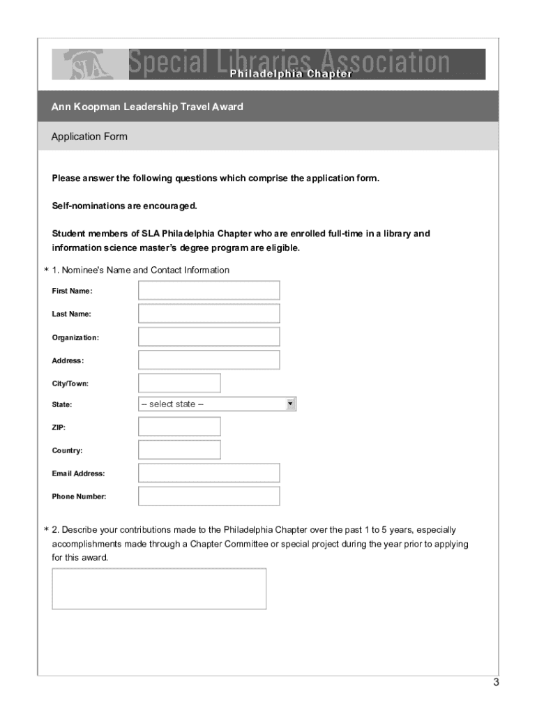 Fillable Online Ann Koopman Leadership Travel Award - SLA Philadelphia ...