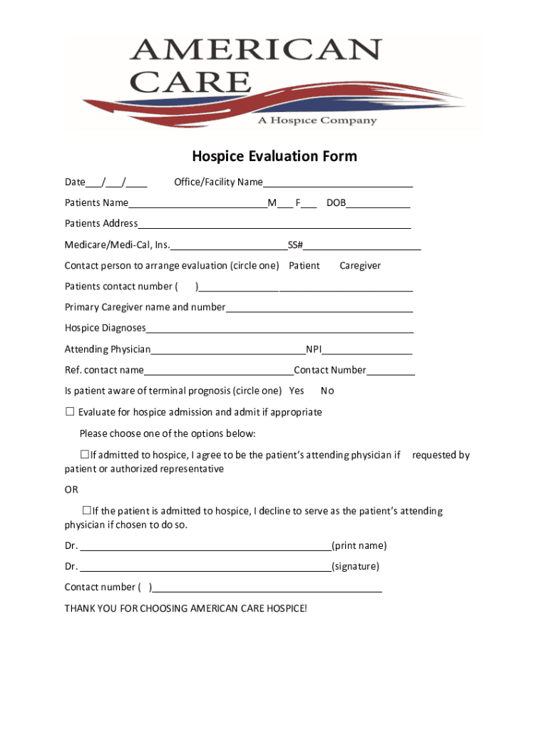 Hospice Evaluation Form - Blank Fillable Template | Fill Out, Print ...