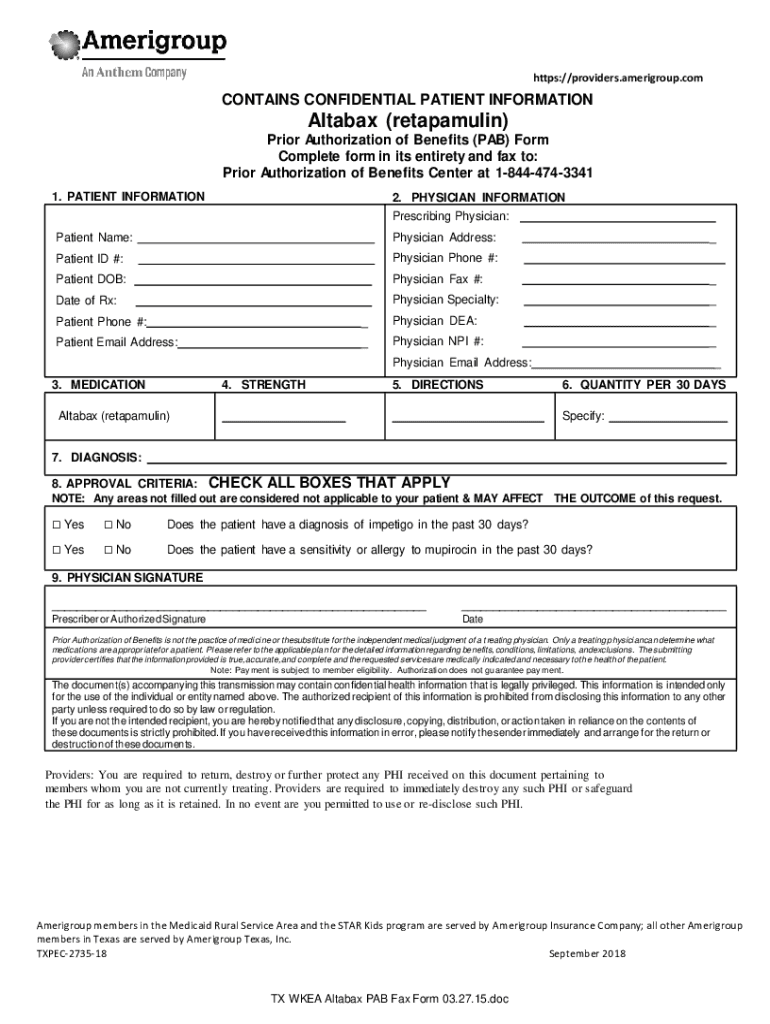 Fillable Online Prior Authorization of Benefits Form - Amerigroup Fax ...