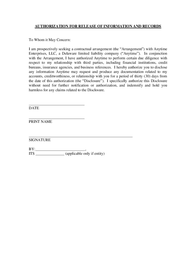 Fillable Online AUTHORIZATION FOR RELEASE OF INFORMATION ... - Anytime ...