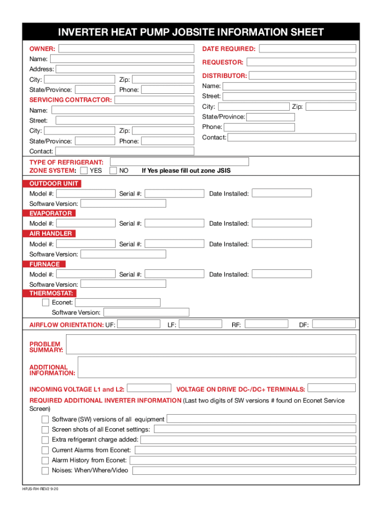 Fillable Online INVERTER HEAT PUMP JOBSITE INFORMATION SHEET Fax Email ...