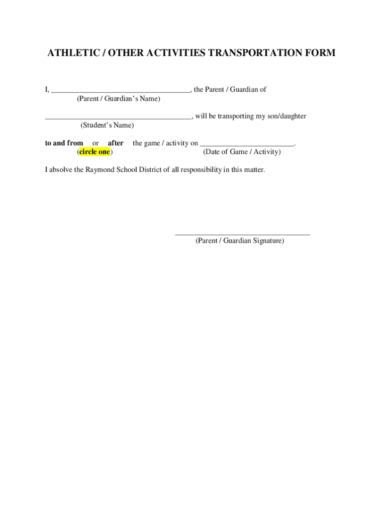 Fillable Online Parent/Guardian Transportation Release Form Fax Email ...