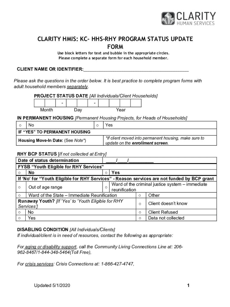 Fillable Online CLARITY HMIS: KC- HHS-RHY-CoC PROGRAM STATUS UPDATE ...