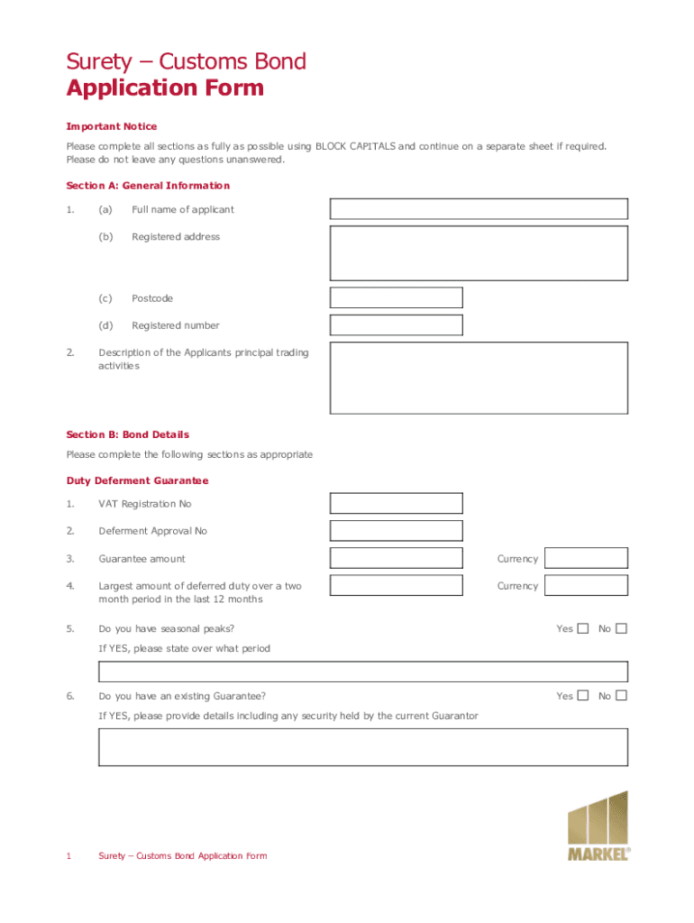 Fillable Online Surety Customs Bond Application Form - Markel ...