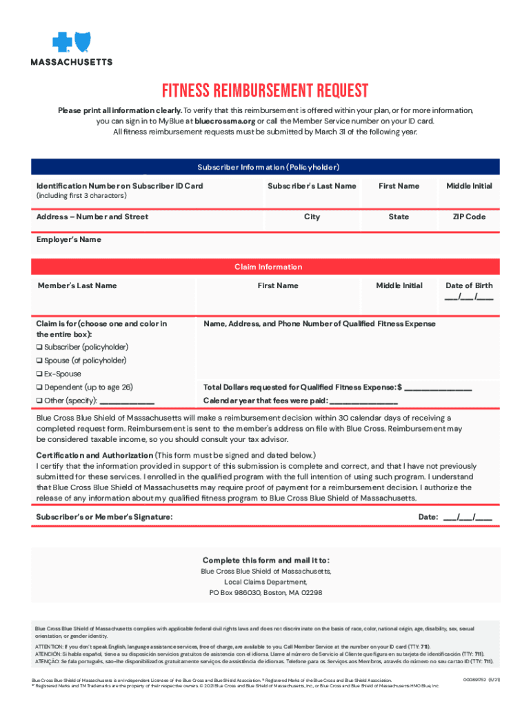 Fillable Online Fitness Reimbursement Request - MyBlue Healthcare Insurance Plan Fax Email Print ...