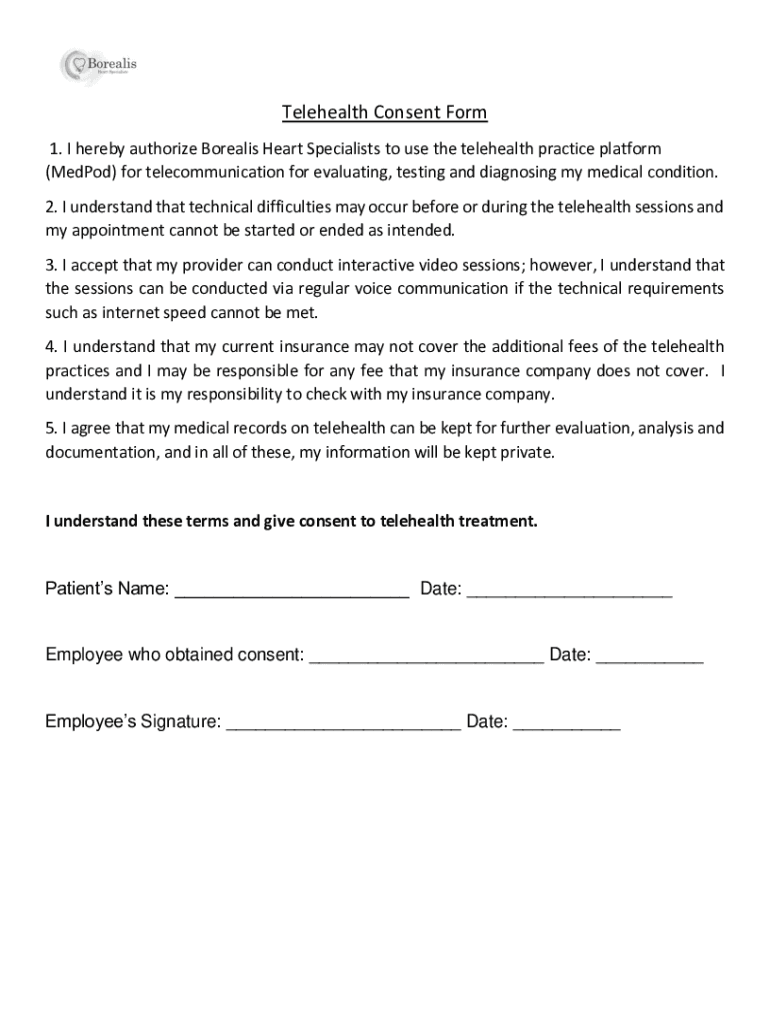 Fillable Online Telehealth Consent Form - borealisheart.com Fax Email ...