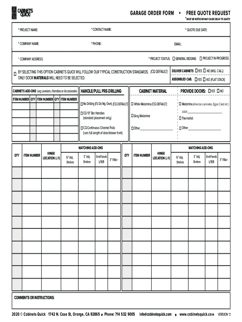 Fillable Online 5 Garage Order Form Cabinets Quick 16APRIL21 Fax Email ...