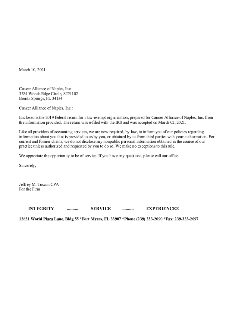 Fillable Online 2019 Tax Return Documents (Cancer Alliance of Nap) Fax ...