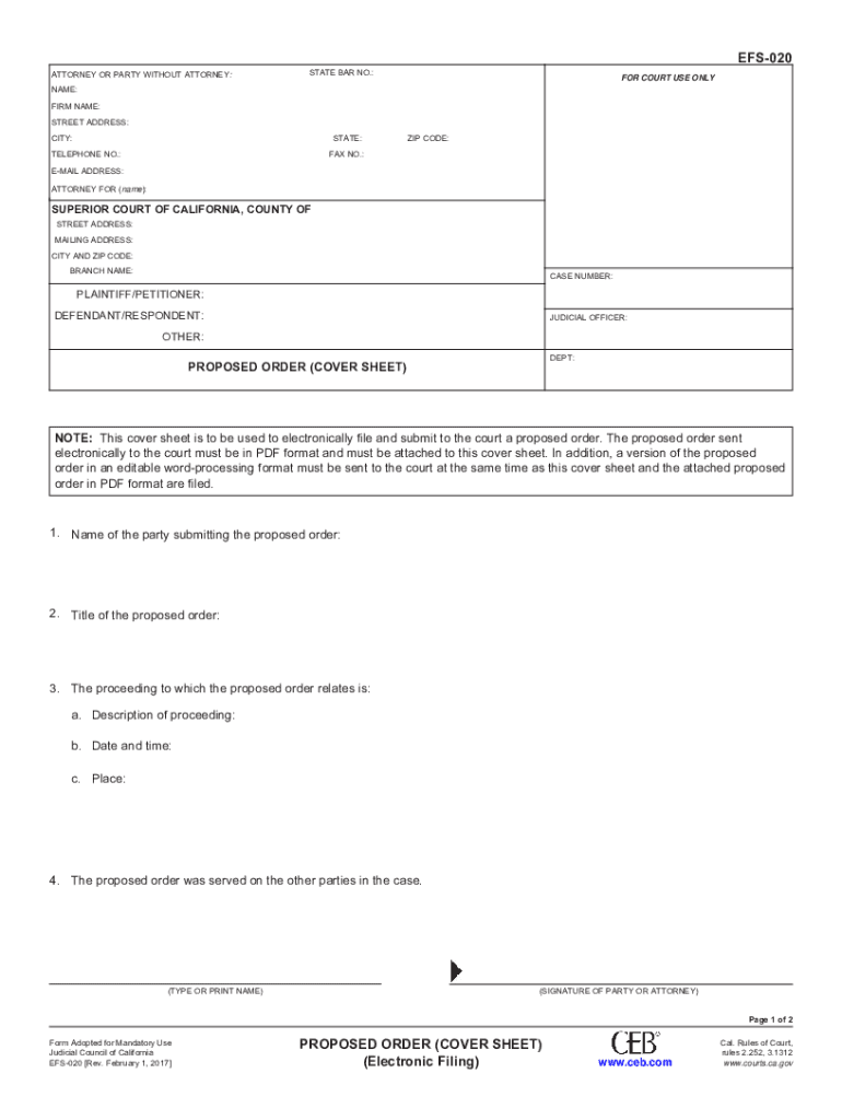 Fillable Online EFS-020* Proposed Order (Cover Sheet) (Electronic ...
