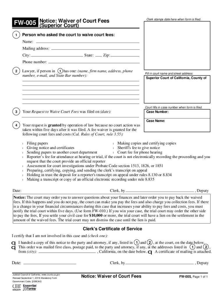 Fillable Online FW-003 Order on Court Fee Waiver Clerk stamps date here ...