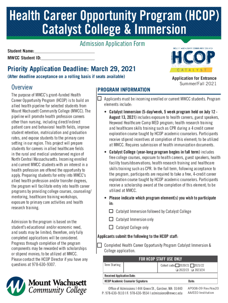 Fillable Online Health Career Opportunity Program (HCOP) Catalyst High ...