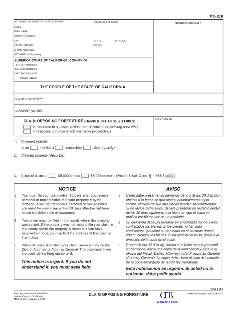 Fillable Online MC-200 Claim Opposing Forfeiture. Fillable Editable and ...