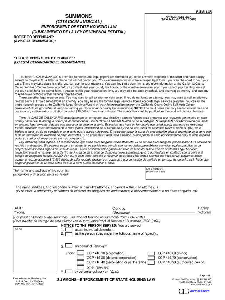 Fillable Online SUM-145. Fillable Editable and Saveable California Judicial Council Forms Fax ...