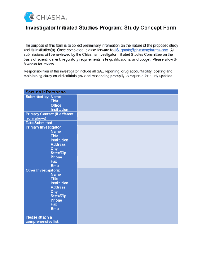 Fillable Online Investigator Initiated Studies Program: Study Concept ...