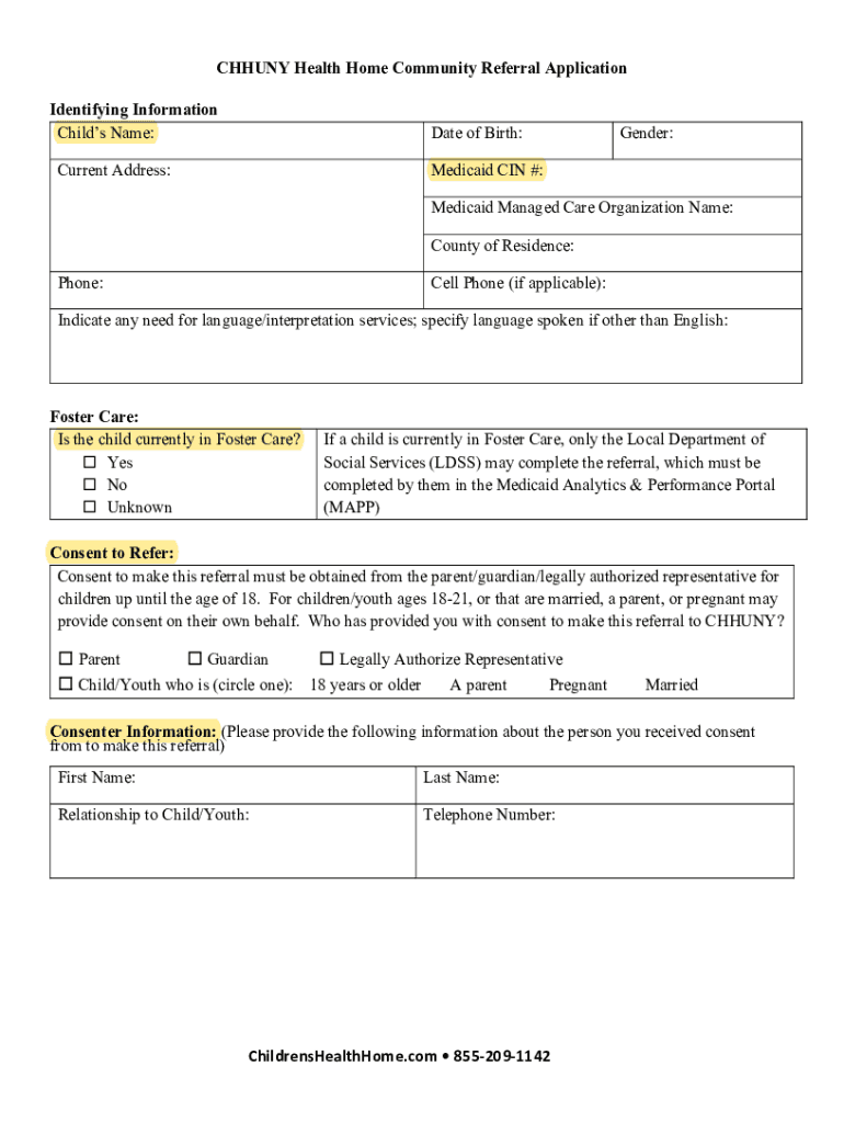 Fillable Online CHHUNY - Make a Referral - Children's Health HomeMake a ...