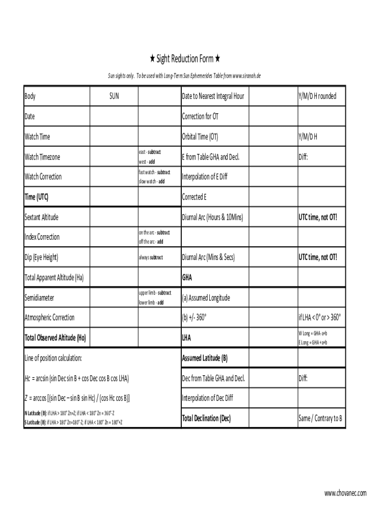 Fillable Online Sight Reduction Form for use with Chapters 3 & 4 (Sun ...