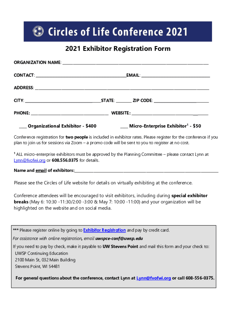 Fillable Online 2021 Exhibitor Registration Form - Circles of Life ...