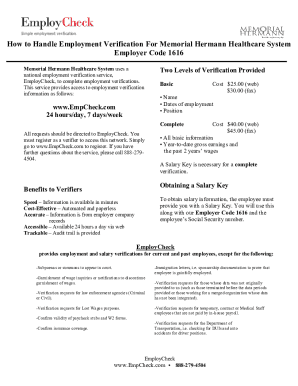 Fillable Online Memorial Hermann Employment Verification - Fill Online ...