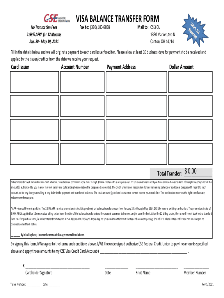 Fillable Online 2021 Balance Transfer Initiation Form - Special Promo ...