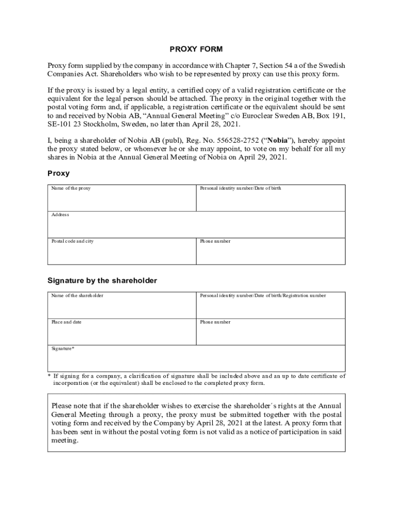 Fillable Online Proxy form AGM 2021 - Nobia Fax Email Print - pdfFiller