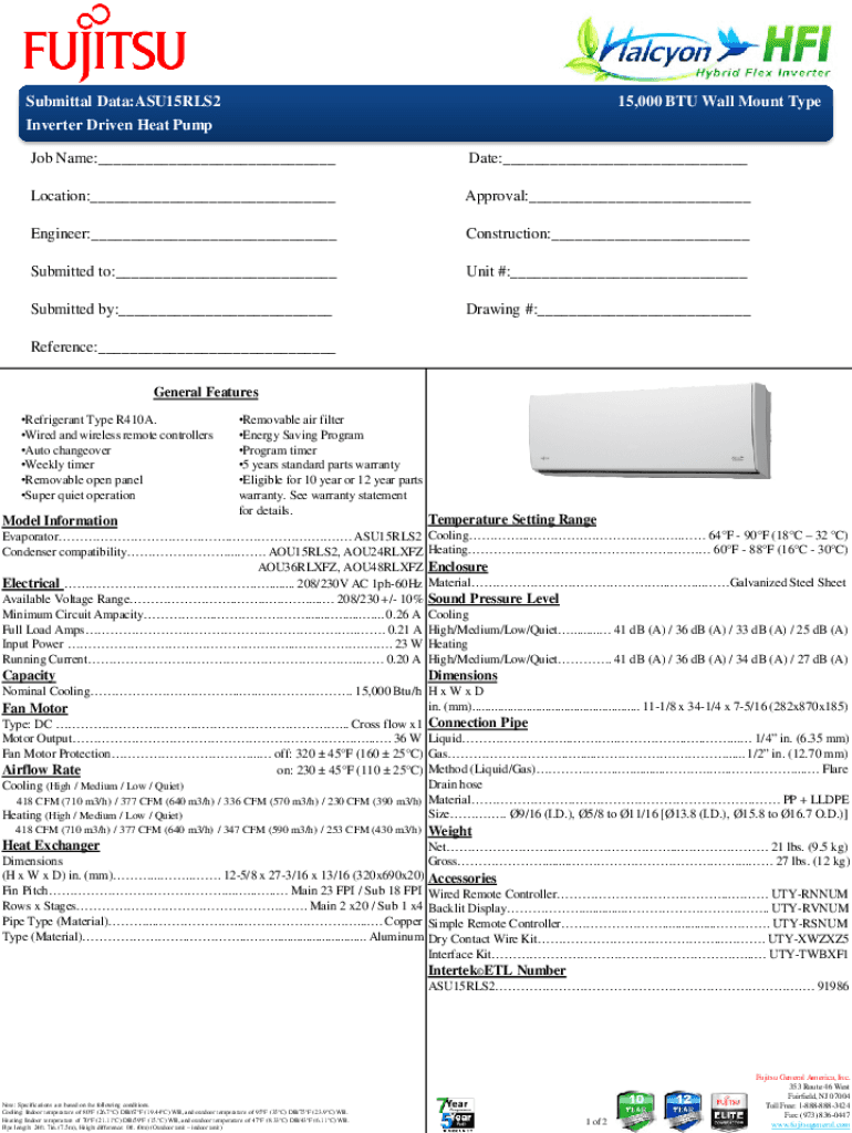 Fillable Online Submittal Data: ASU12RLF - FUJITSU GENERAL United ...
