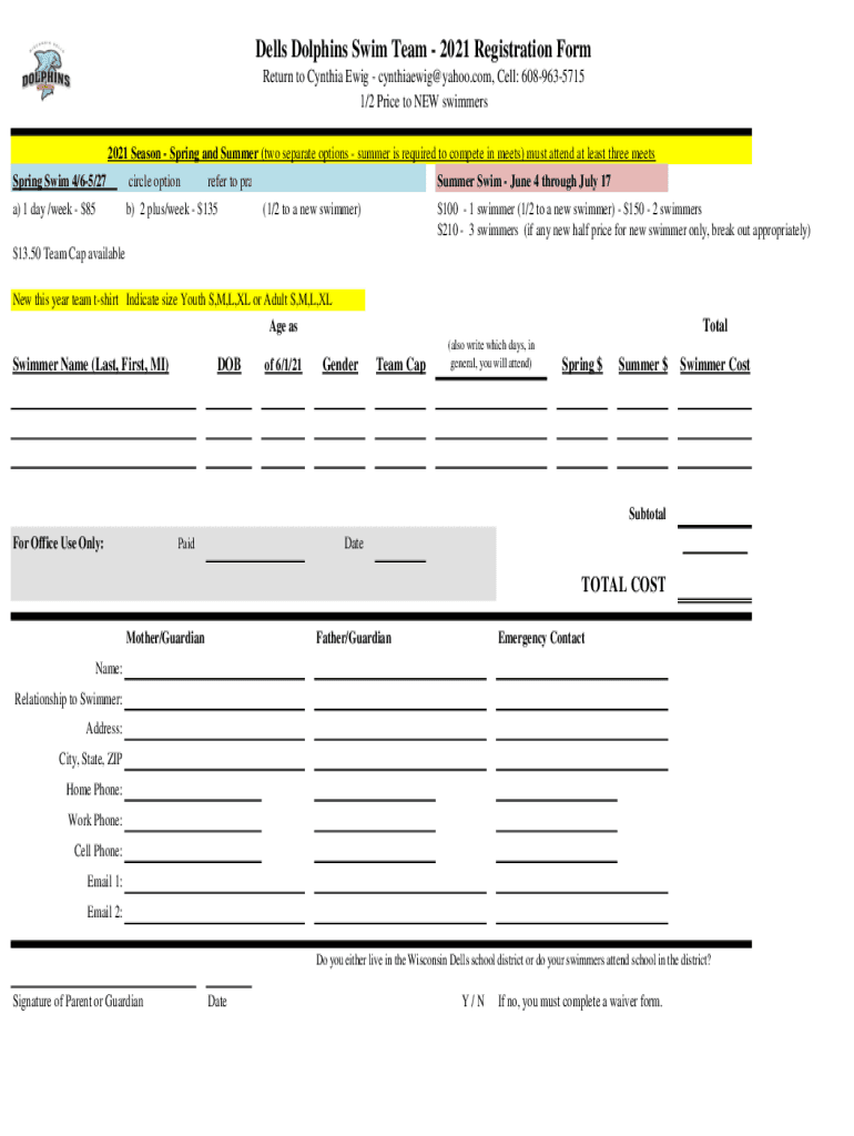 Fillable Online Dells Dolphins Swim Team - 2021 Registration Form Fax ...