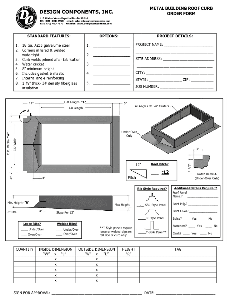 Fillable Online METAL BUILDING ROOF CURB ORDER FORM - Design Components ...