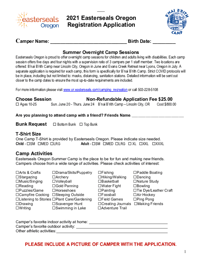 Fillable Online 2021 Easterseals Oregon Registration Application Fax ...