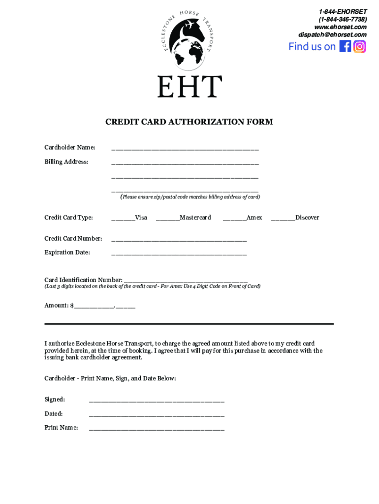 Fillable Online EHT CREDIT CARD FORM Fax Email Print - pdfFiller
